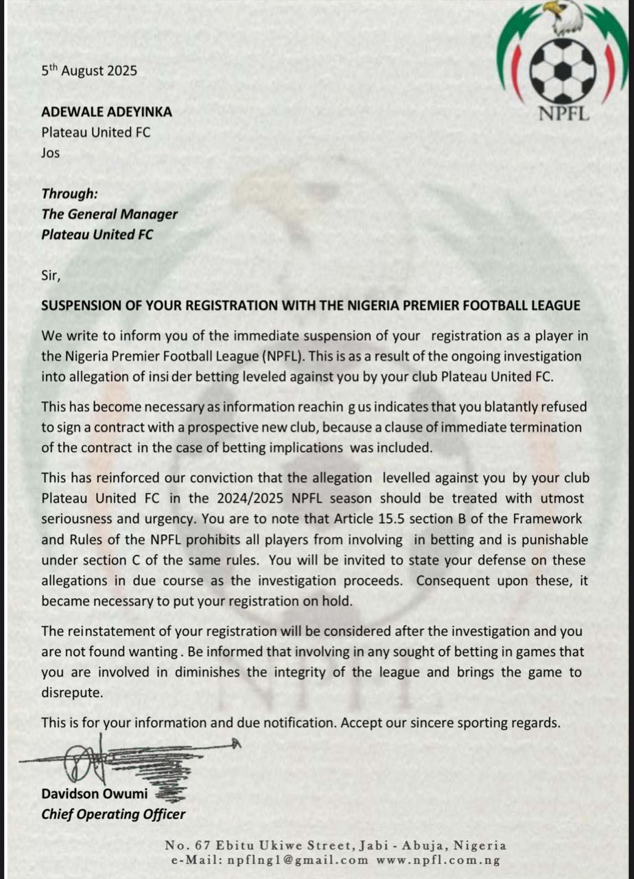 NPFL suspends goalkeeper Adewale due to betting allegations