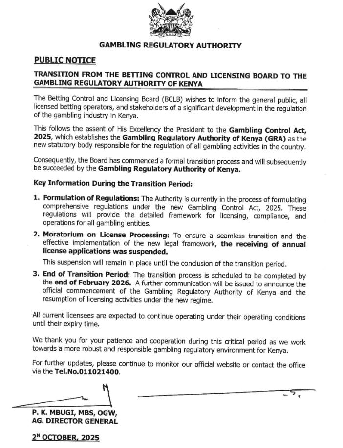Kenya board suspends annual licence applications during transition